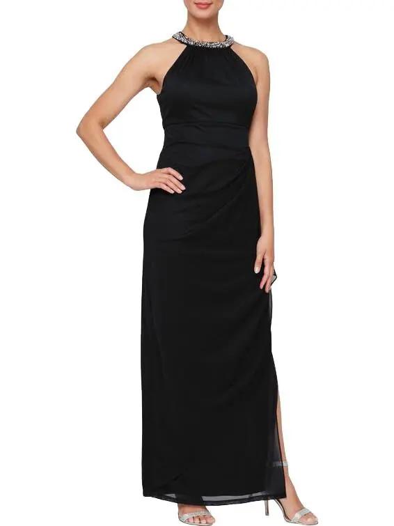 Alex Evenings Embellished Halter Ruched Column Gown - Black