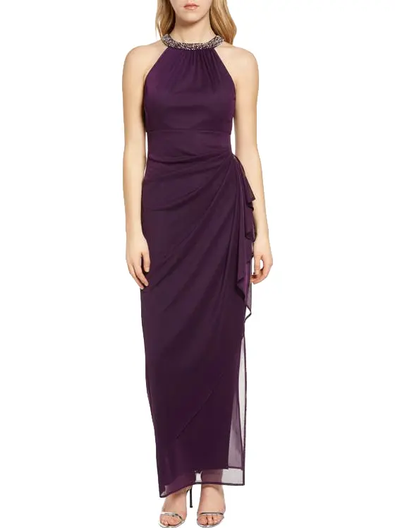 Alex Evenings Embellished Halter Ruched Column Gown - Eggplant