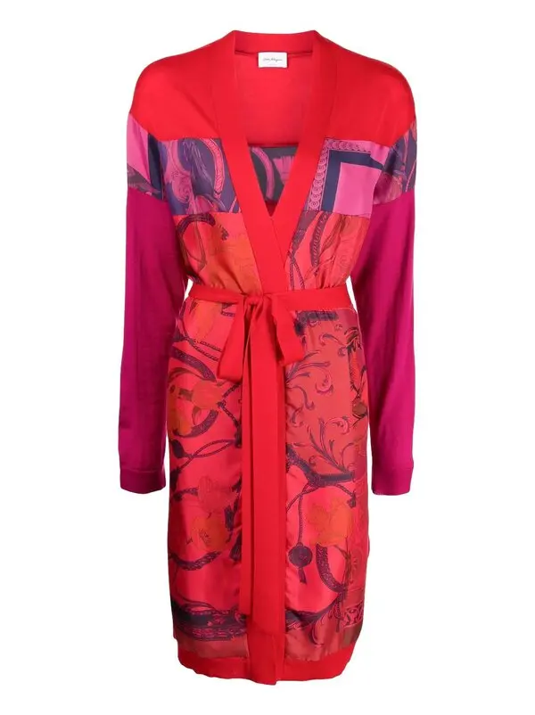 FERRAGAMO Heritage-print Long Belted Cardigan - Red