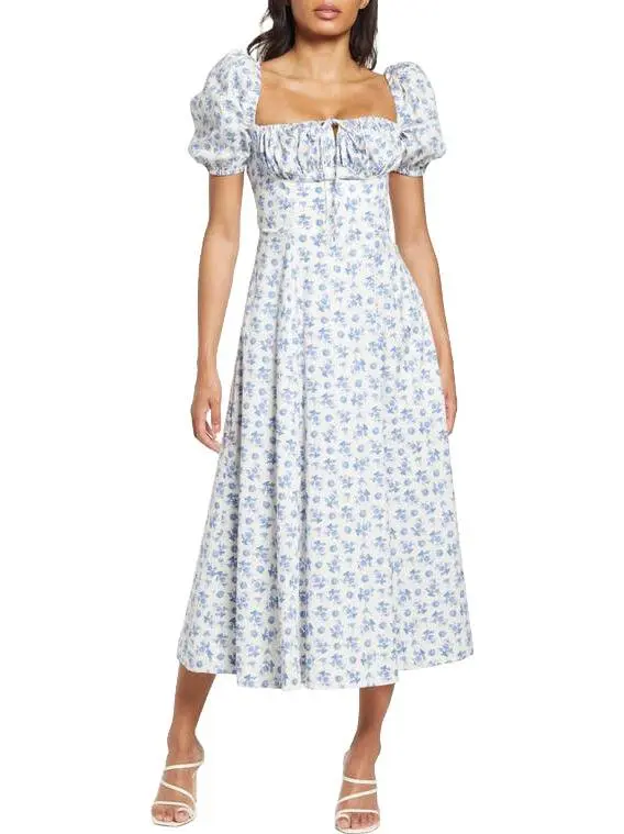 House Of Cb Tallulah Puff Sleeve Midi Dress - Blue White Floral