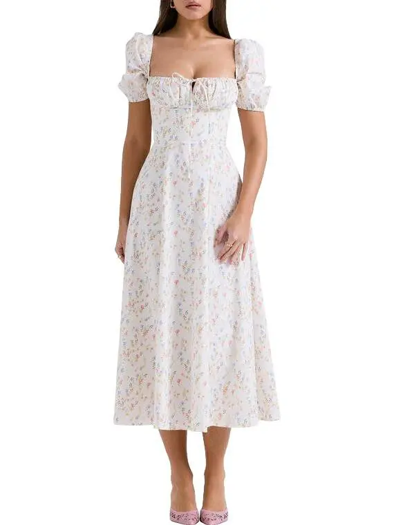 House Of Cb Tallulah Puff Sleeve Midi Dress - White/pink Floral Print