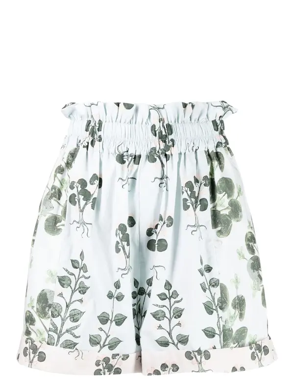Biyan Floral-print Paperbag-waist Shorts - Blue