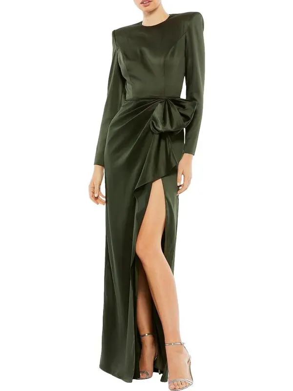 Mac Duggal Satin Power Shoulder Gown - Olive