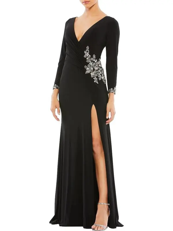 Mac Duggal Jersey Embellished Long-sleeve Gown - Black