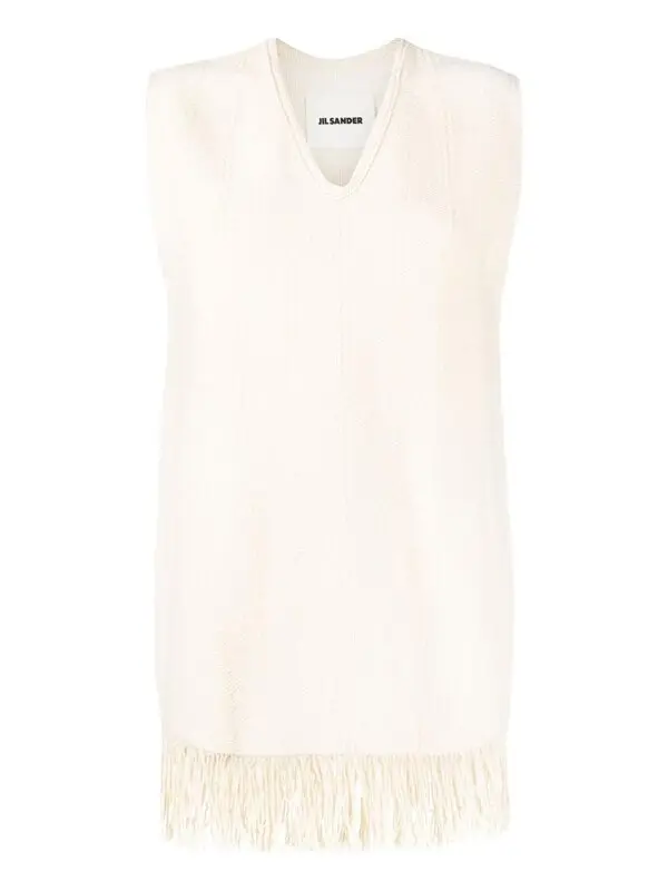 JIL SANDER Fringed V-neck Top - Neutrals