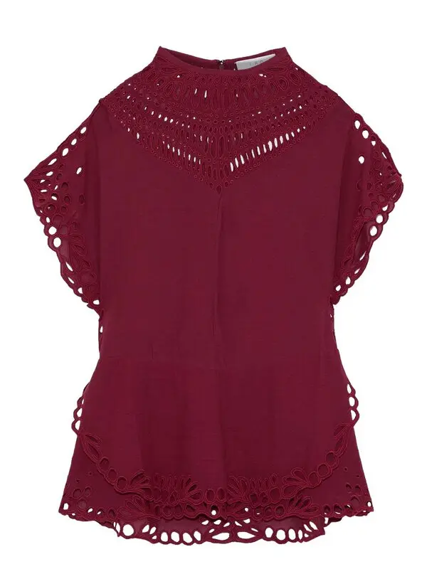IRO PARIS Jalaspe Broderie Anglaise Voile Peplum Top - Claret