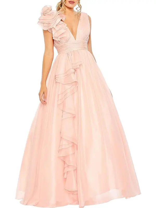 Mac Duggal Ruffle Shoulder V-neck Gown - Blush
