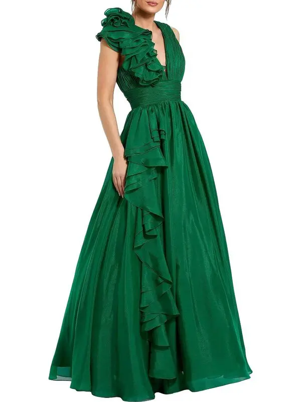 Mac Duggal Ruffle Shoulder V-neck Gown - Emerald