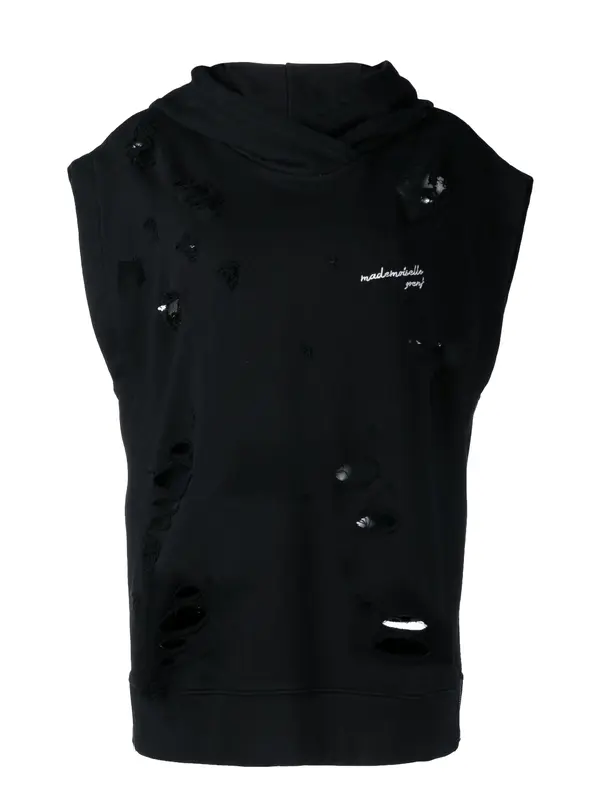 Goen.j Distressed Sleeveless Hoodie - Black