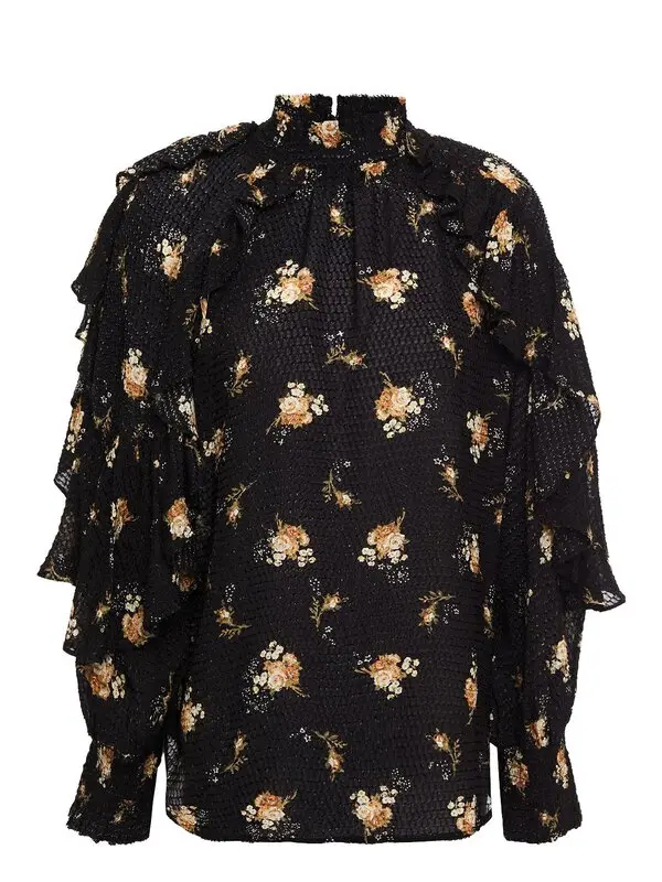 Maje Ruffled Floral-print Fil Coupé Woven Blouse - Black