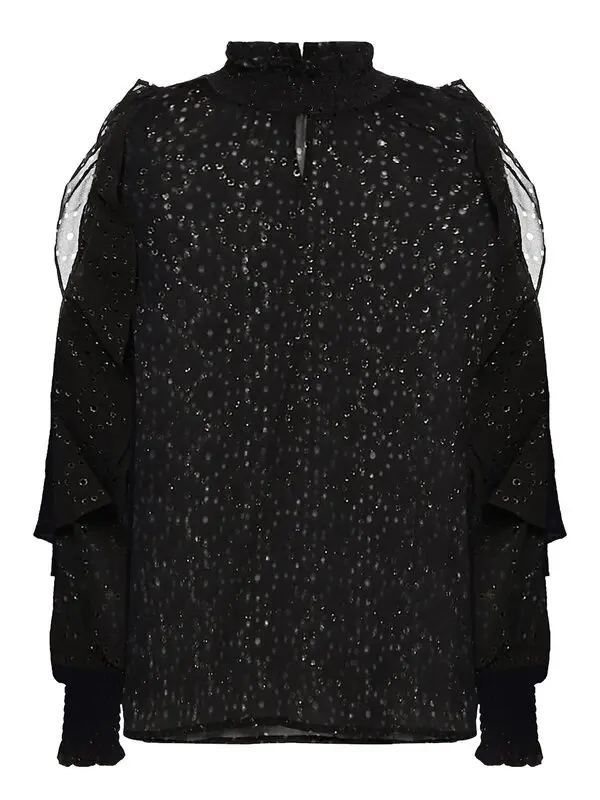 Maje Lasercut Ruffled Metallic Crepe Blouse - Black