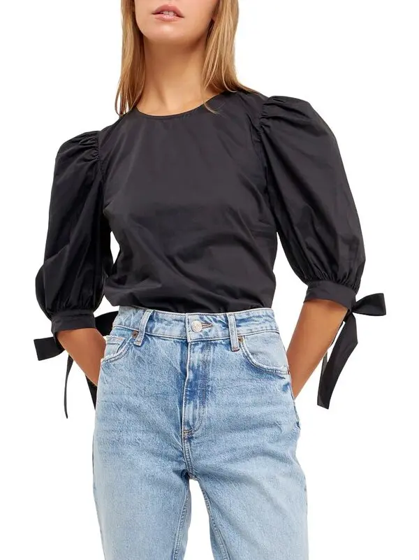 English Factory Bow Banded Puff Sleeve Blouse - Black