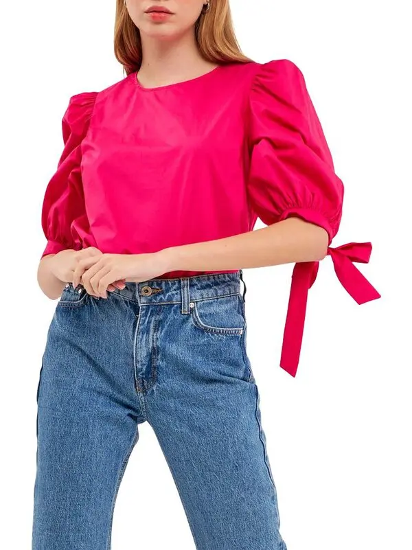 English Factory Bow Banded Puff Sleeve Blouse - Fuchsia