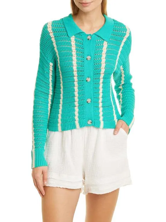 Monrow Vertical Stripe Crochet Cardigan - Peacock Green/buttercream