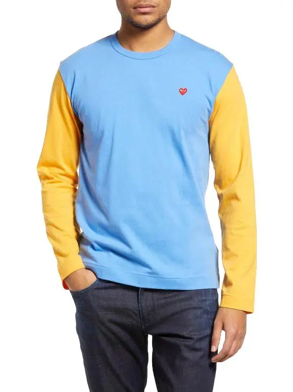 Play Comme Des Garcon Colorblock Long Sleeve Cotton T-shirt - Blue/yellow