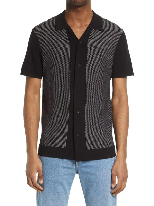 Rag & Bone Harvey Short Sleeve Knit Button-up Camp Shirt - Blkwht