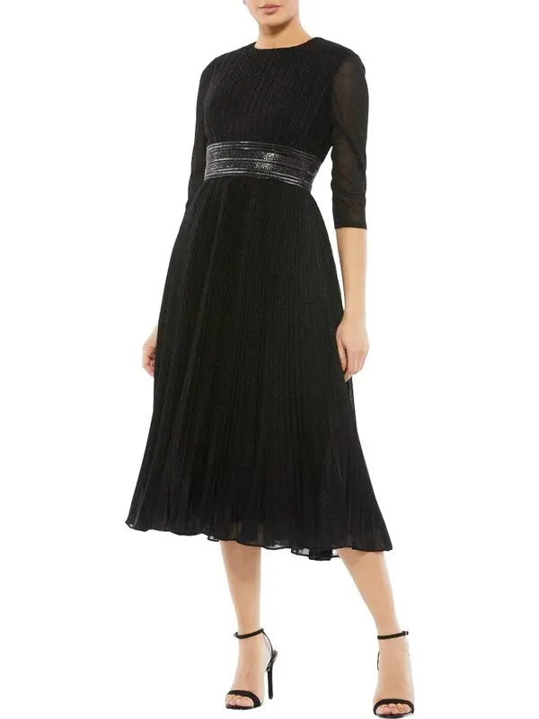 Mac Duggal Pleated Belted Cocktail Dress - Black