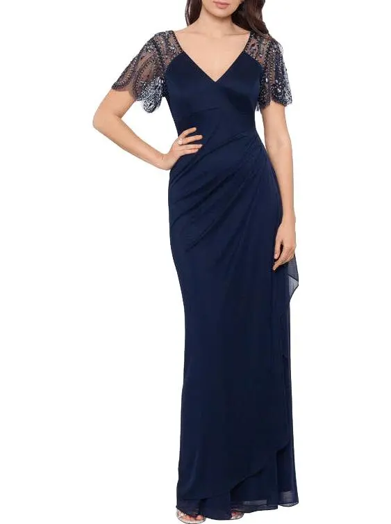 XSCAPE EVENINGS Beaded Sleeve Column Gown - Navy