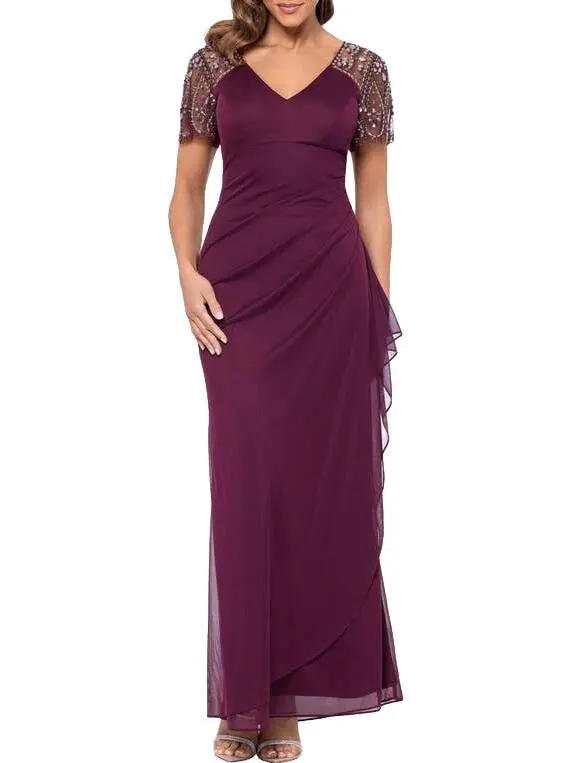 XSCAPE EVENINGS Beaded Sleeve Column Gown - Wine/antique