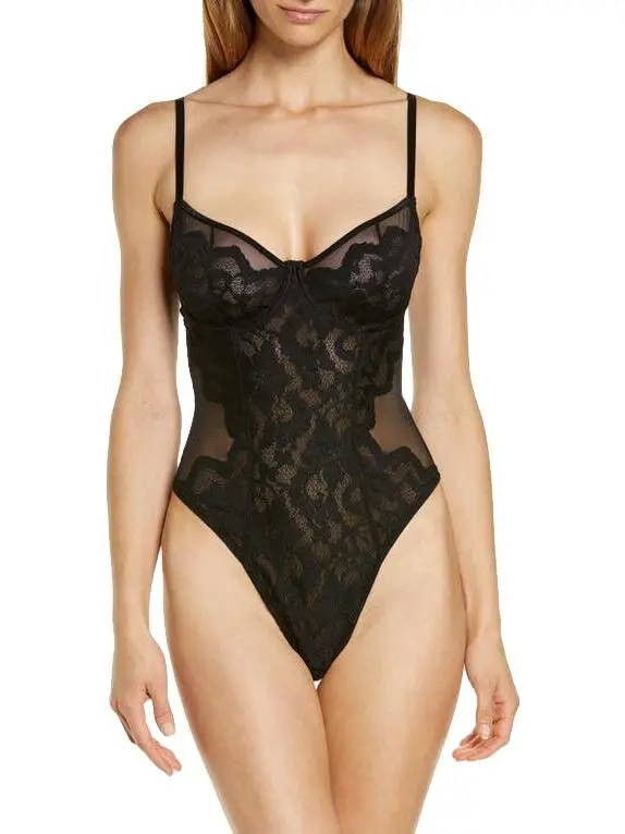 COQUETTE Floral Lace Underwire Teddy - Black