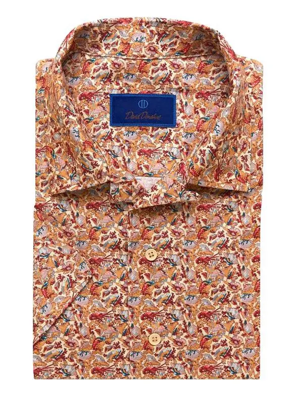 David Donahue Print Short Sleeve Button-up Camp Shirt - Coral