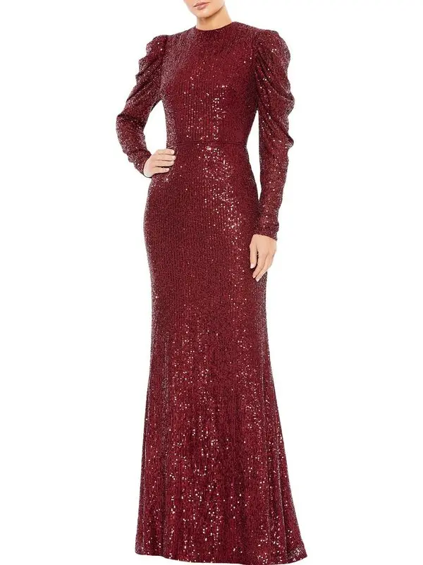 Mac Duggal Sequined Puff-sleeve Sheath Gown - Wine