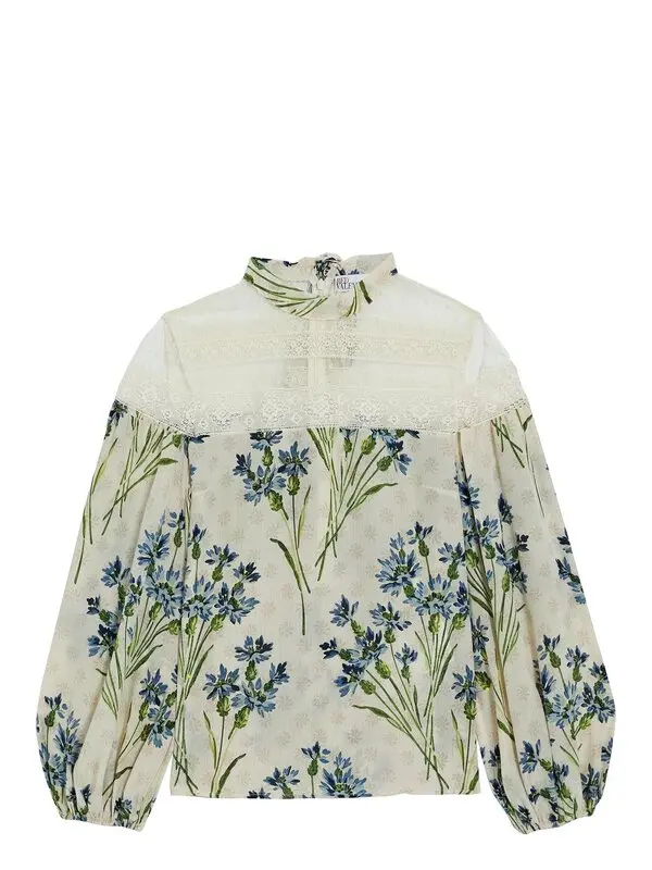 Red Valentino Point D'esprit Paneled Floral Print Silk Crepe De Chine Blouse - Cream