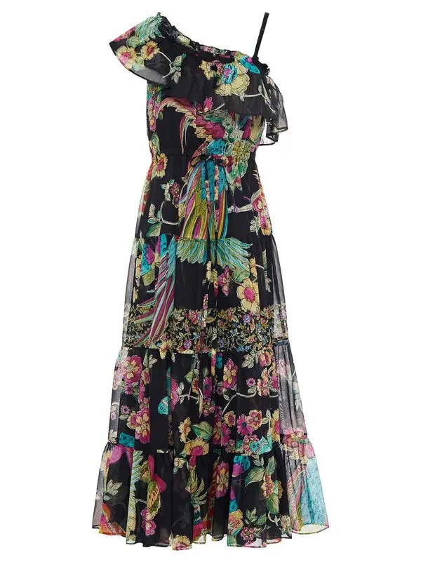 Red Valentino Oneshoulder Printed Cotton And Silkblend Voile Midi Dress - Black