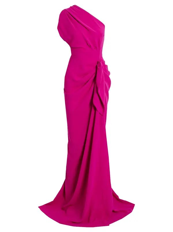 RHEA COSTA One-shoulder Draped Cady Gown - Magenta