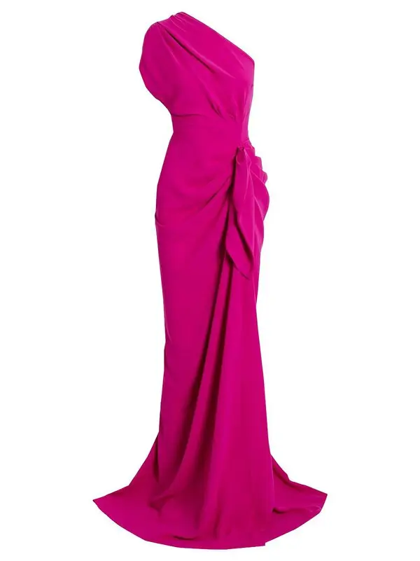 RHEA COSTA One-shoulder Draped Cady Gown - Magenta