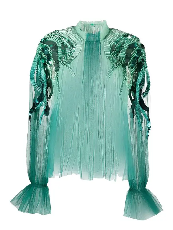 Alberta Ferretti Sequin Embellished Tulle Blouse - Green