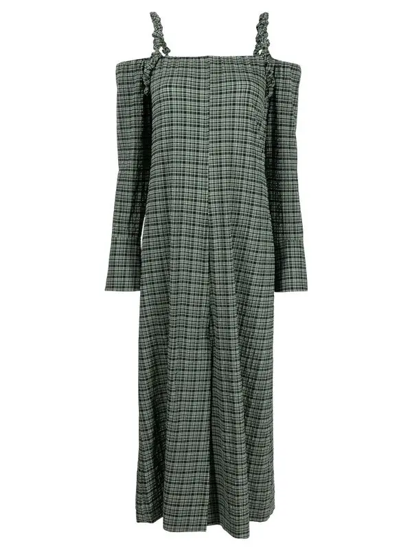 GANNI Seersucker Checked Cold-shoulder Midi Dress - Green