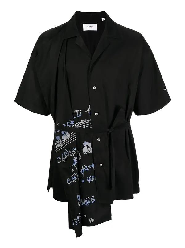 PORTS V Graphic-print Belted Shirt - Black