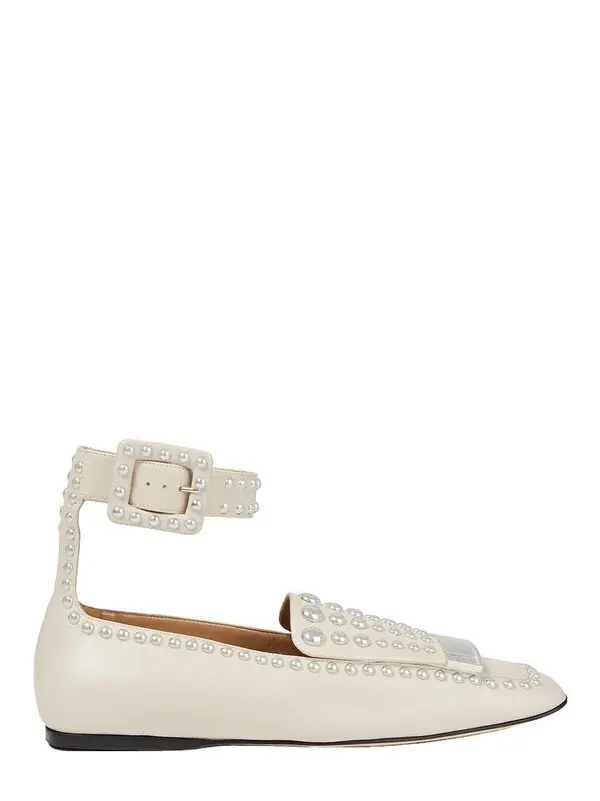 SERGIO ROSSI Studded Leather Loafers With Buckle Ankle Strap - Ivory