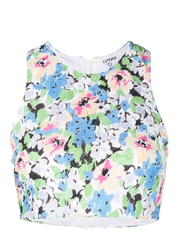 GANNI Cropped Floral Print Sleeveless Top - Blue