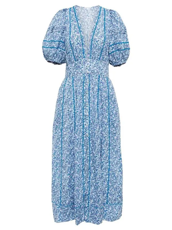 Poupette St Barth Reine Floral Cotton Midi Dress - Blue