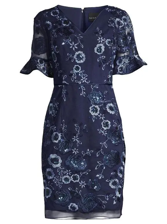 Shani Floral Embellished Sheath Dress - Navy