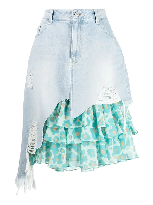 SJYP Distressed Tiered Denim Skirt - Blue