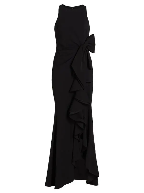 Badgley Mischka Odessa Asymmetric Sleeveless Column Ruffle-skirt Gown - Black