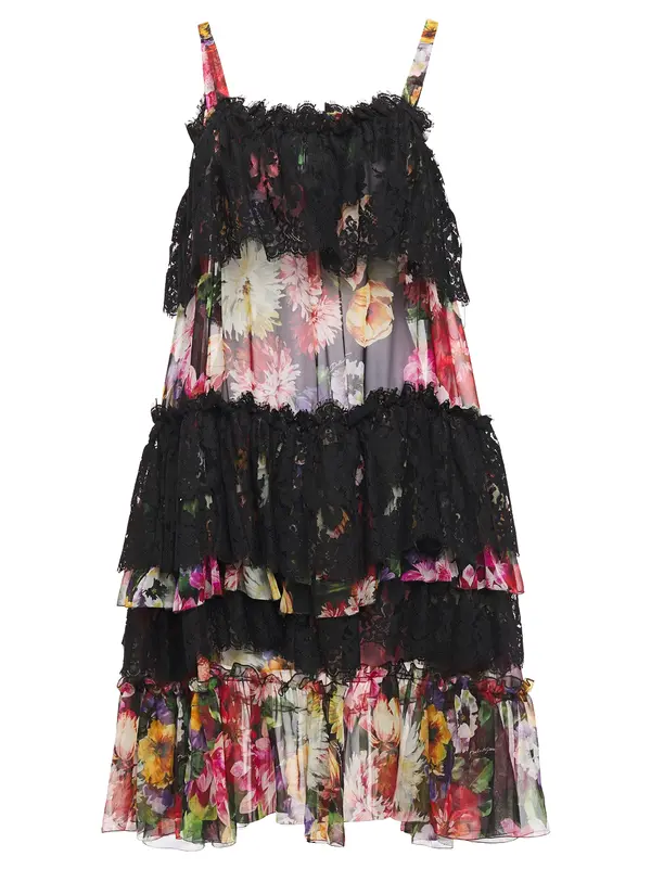 Dolce & Gabbana Tiered Floral-print Silk-blend Voile And Lace Dress - Black