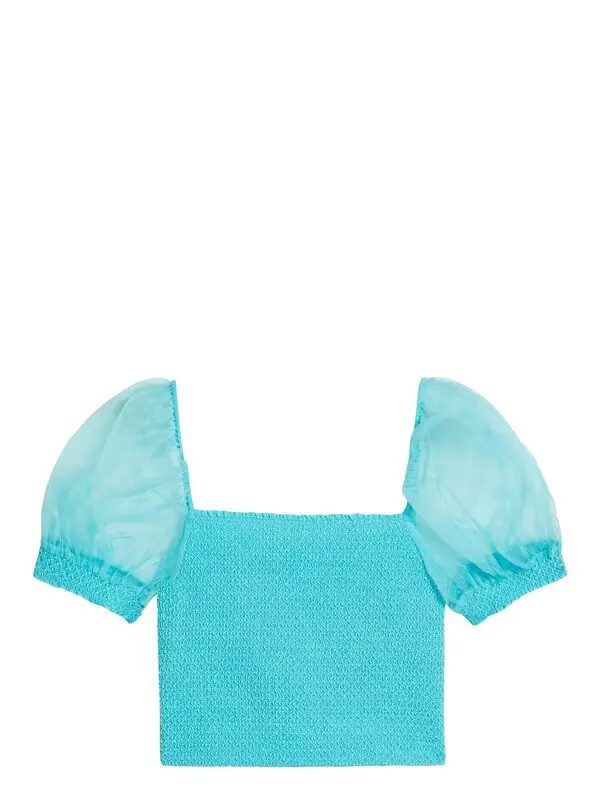 Alice + Olivia Alice Olivia Eliana Organzapaneled Smocked Crepe Top - Turquoise