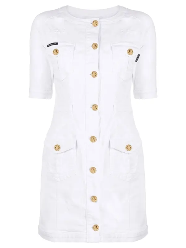 Philipp Plein Embossed-button Denim Dress - White