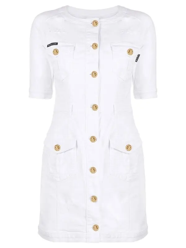 Philipp Plein Embossed-button Denim Dress - White
