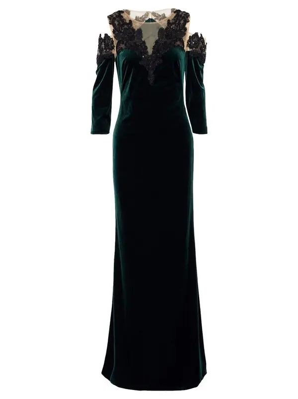 Marchesa Cold-shoulder Lace-appliquéd Tulle And Velvet Gown - Emerald
