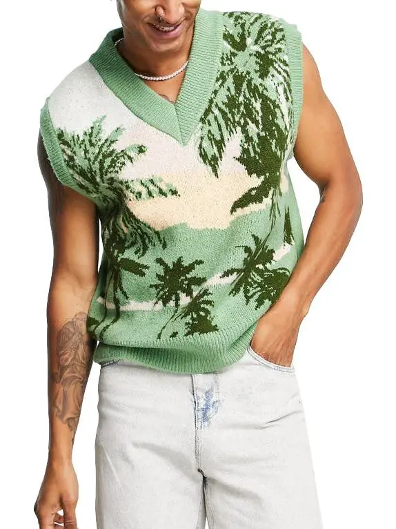 Topman Palm Tree V-neck Sweater Vest - Green