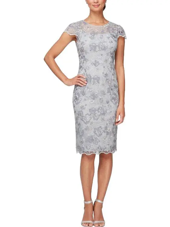 Alex Evenings Floral Embroidered Sheath Cocktail Dress - Dove