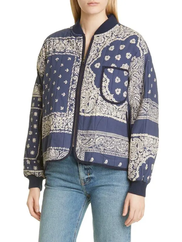 The Great. Bandana Print Quilted Bomber Jacket - Navy Bandana Print