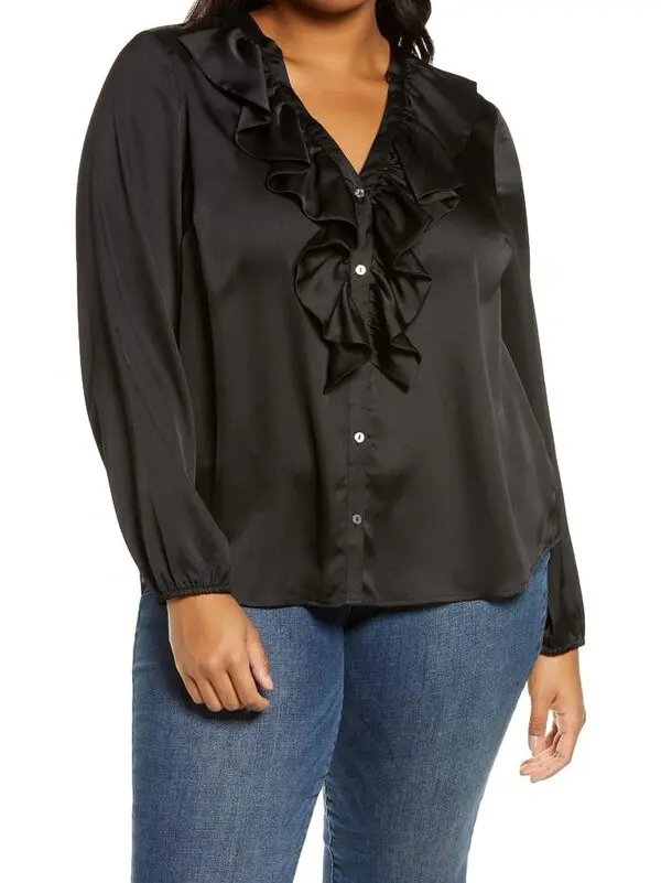 1.State Ruffle Neck Button-front Blouse - Rich Black