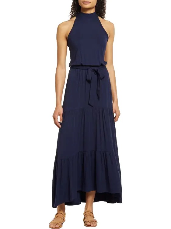 Loveappella Tiered Halter Maxi Dress - Navy