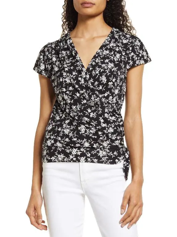 Loveappella Floral Print Faux Wrap Top - Black